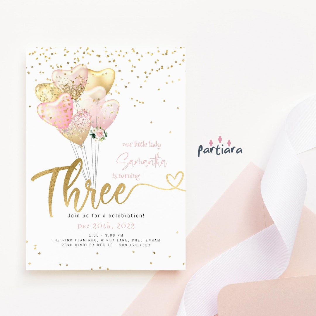Girls 3rd Birthday Invitation Balloons Template, 3 Year Olds Invite ...