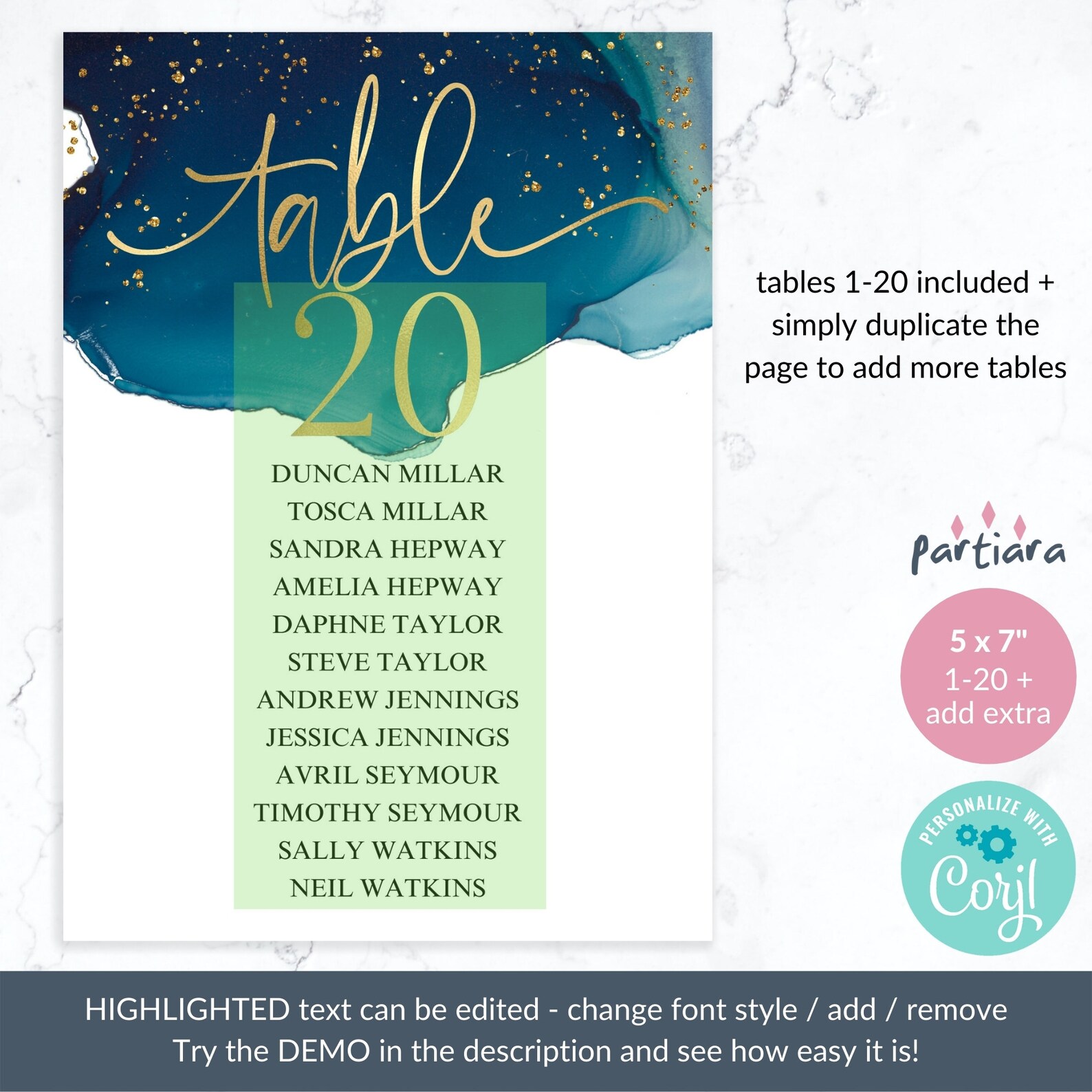Teal Gold Table Numbers Printable Birthday Dinner Party Tables - Etsy