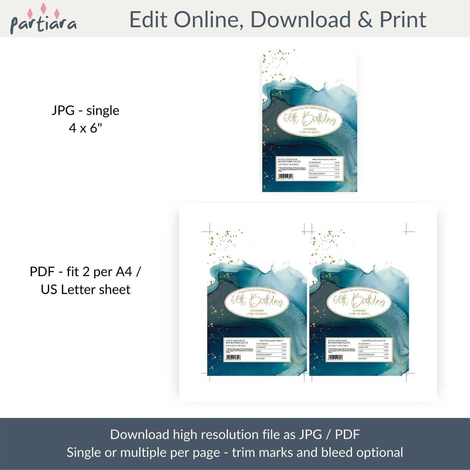 Teal Gold Birthday Chocolate Labels Printable Ladies Teen - Etsy