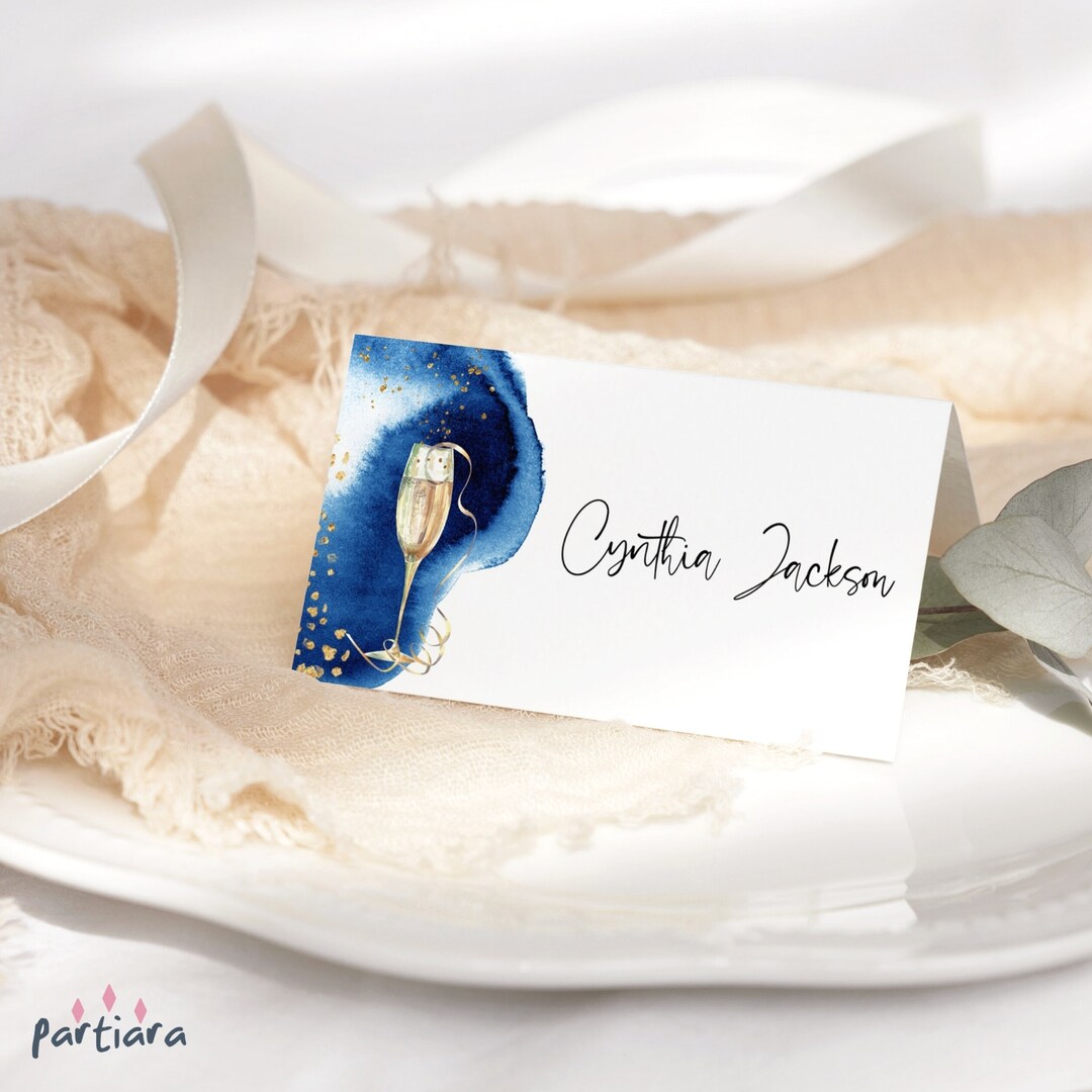 Birthday Dinner Place Card Template, Navy Blue Gold Party Table Seating ...