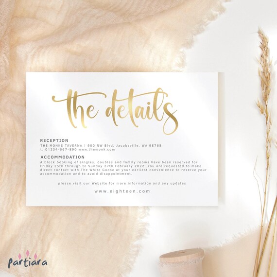 Invitation Details Insert Card Printable All White Gold | Etsy