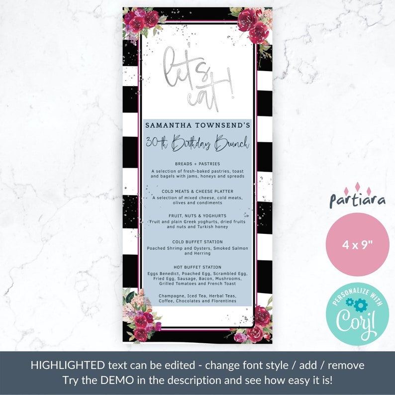 Editable Menu Card Birthday Table Menus Ladies Parisienne - Etsy