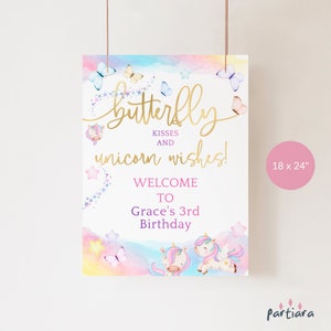 Butterfly Kisses Unicorn Birthday Welcome Sign Template, Girls Pastel ...