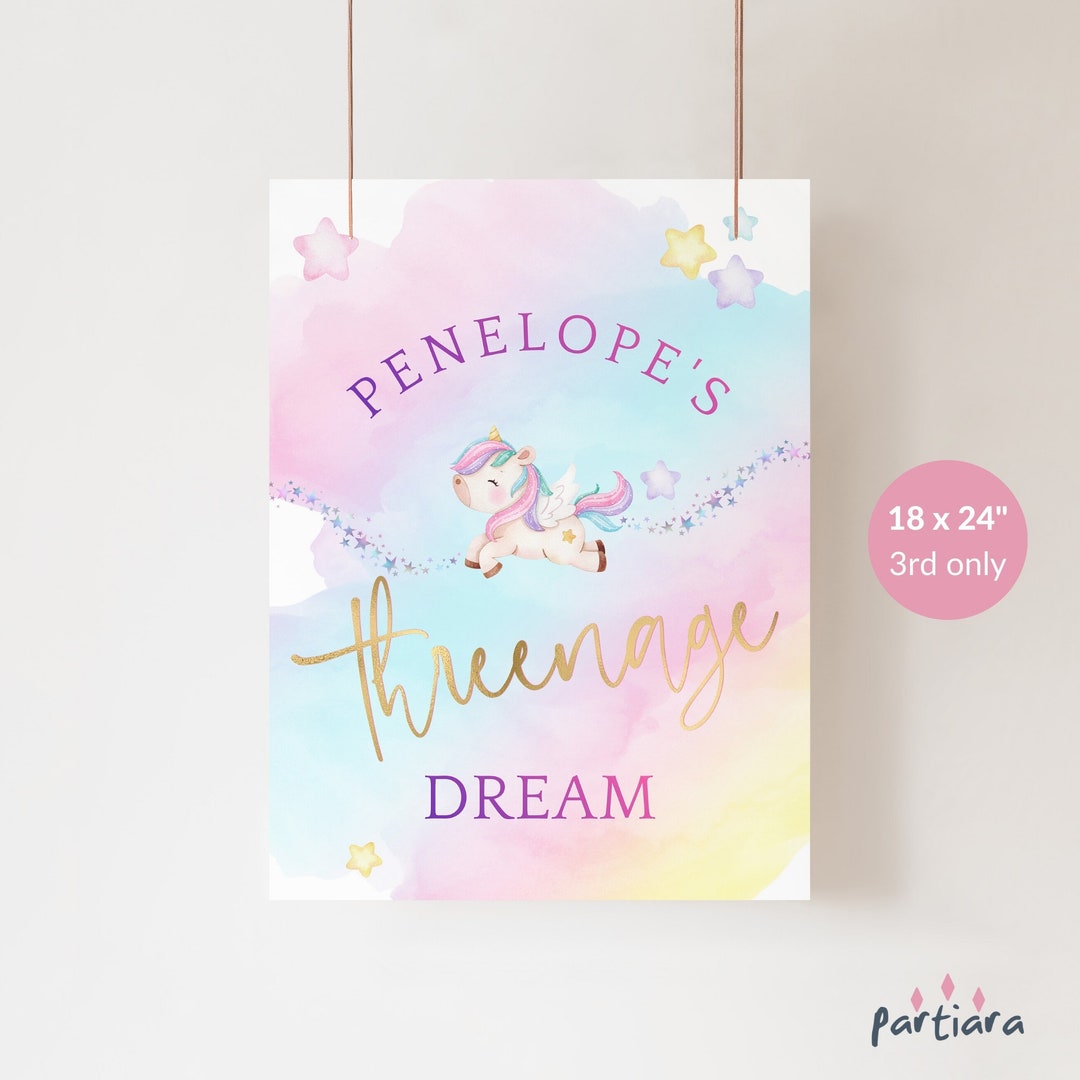 Unicorn Threenage Dream Welcome 3rd Birthday Sign Printable, Pastel ...