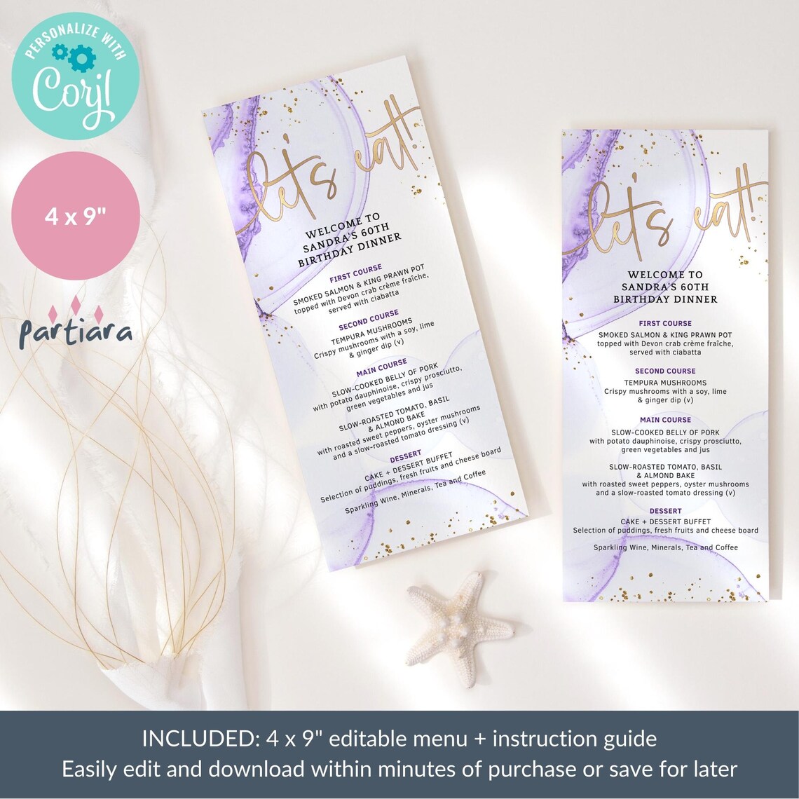 Purple Birthday Menu, Dinner Party Table Menus Printable, Ladies or ...
