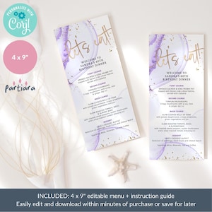 Lavender Gold Menu Ladies Editable Birthday Menus Pastel Lilac Purple ...