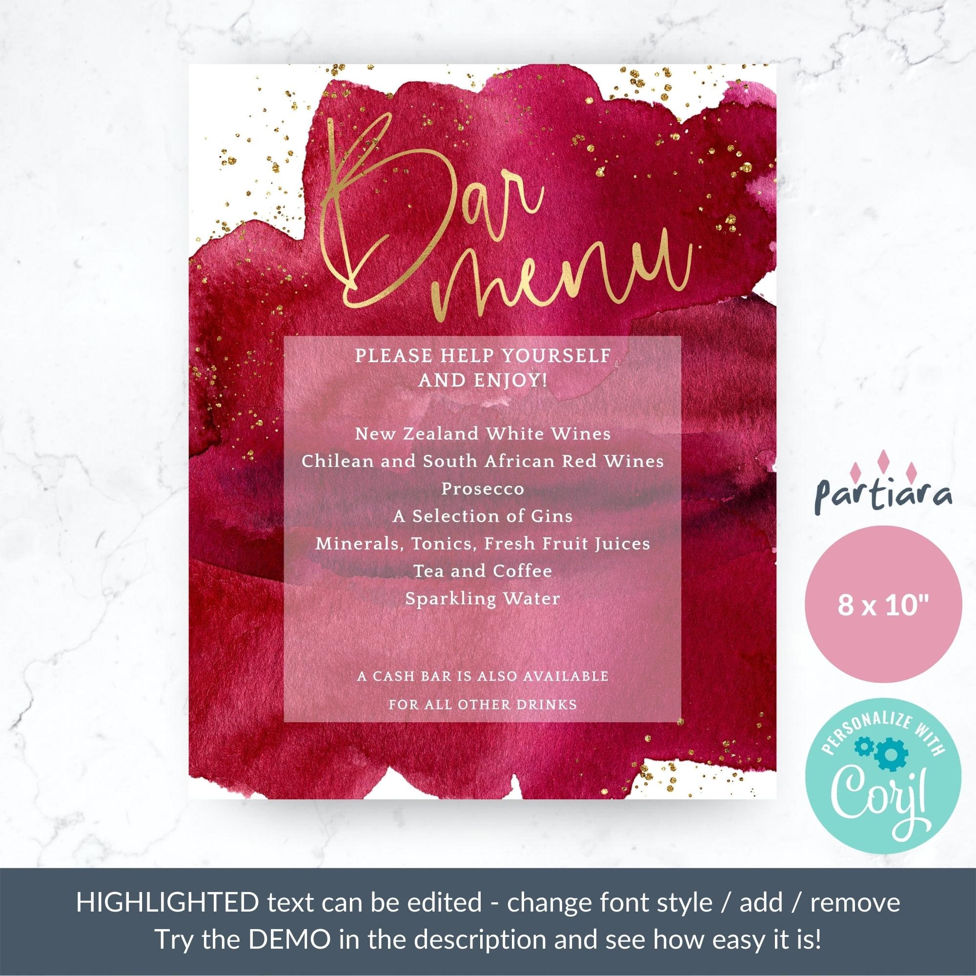 Ruby Red Gold Bar Menu Sign Printable Birthday Party Bridal - Etsy ...
