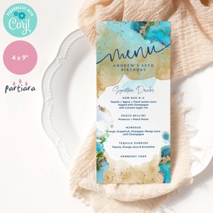 Turquoise Menu Card Template, Birthday Dinner Party Table Menus ...