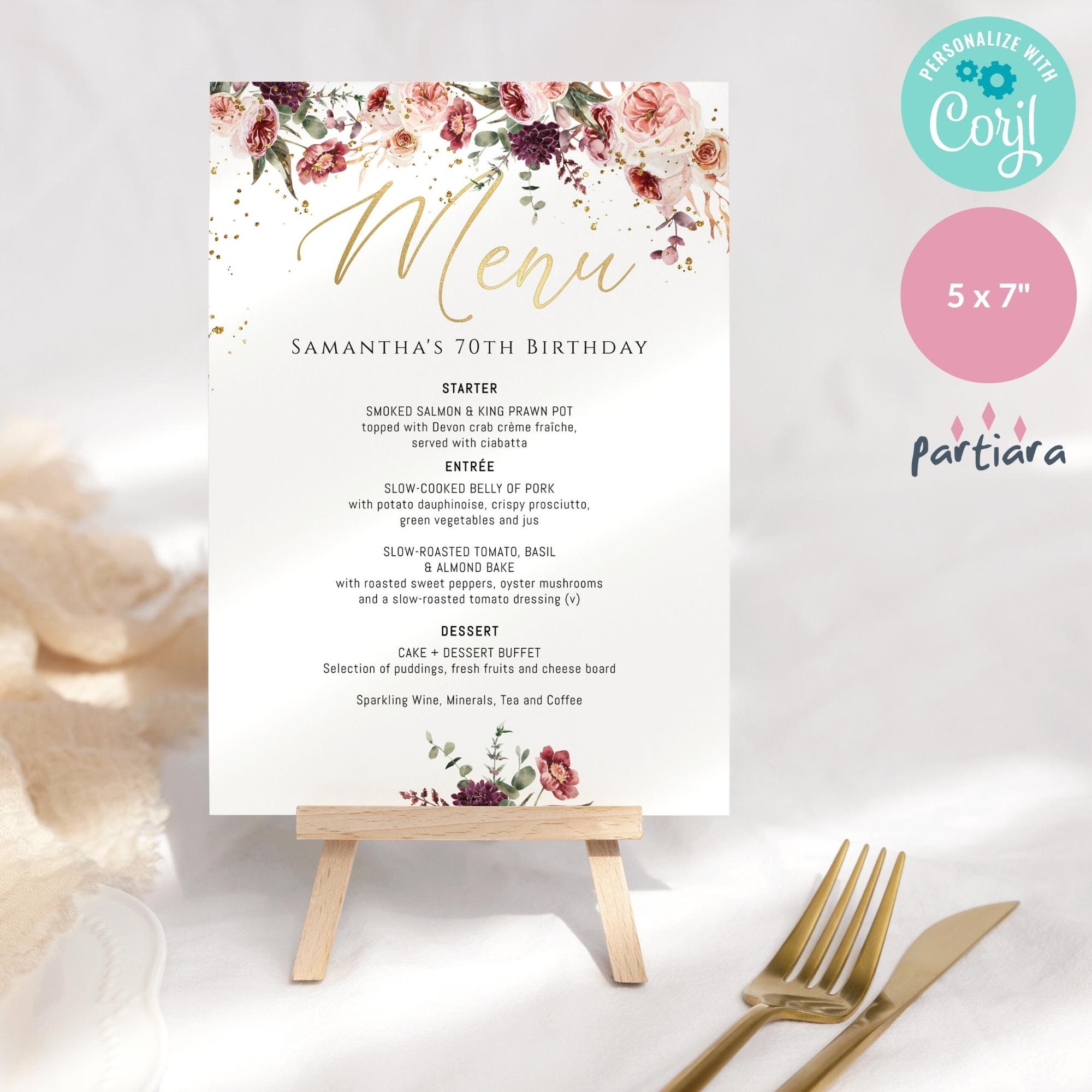 Ladies Birthday Food Menu Floral Blush Pink Rust Red Gold - Etsy
