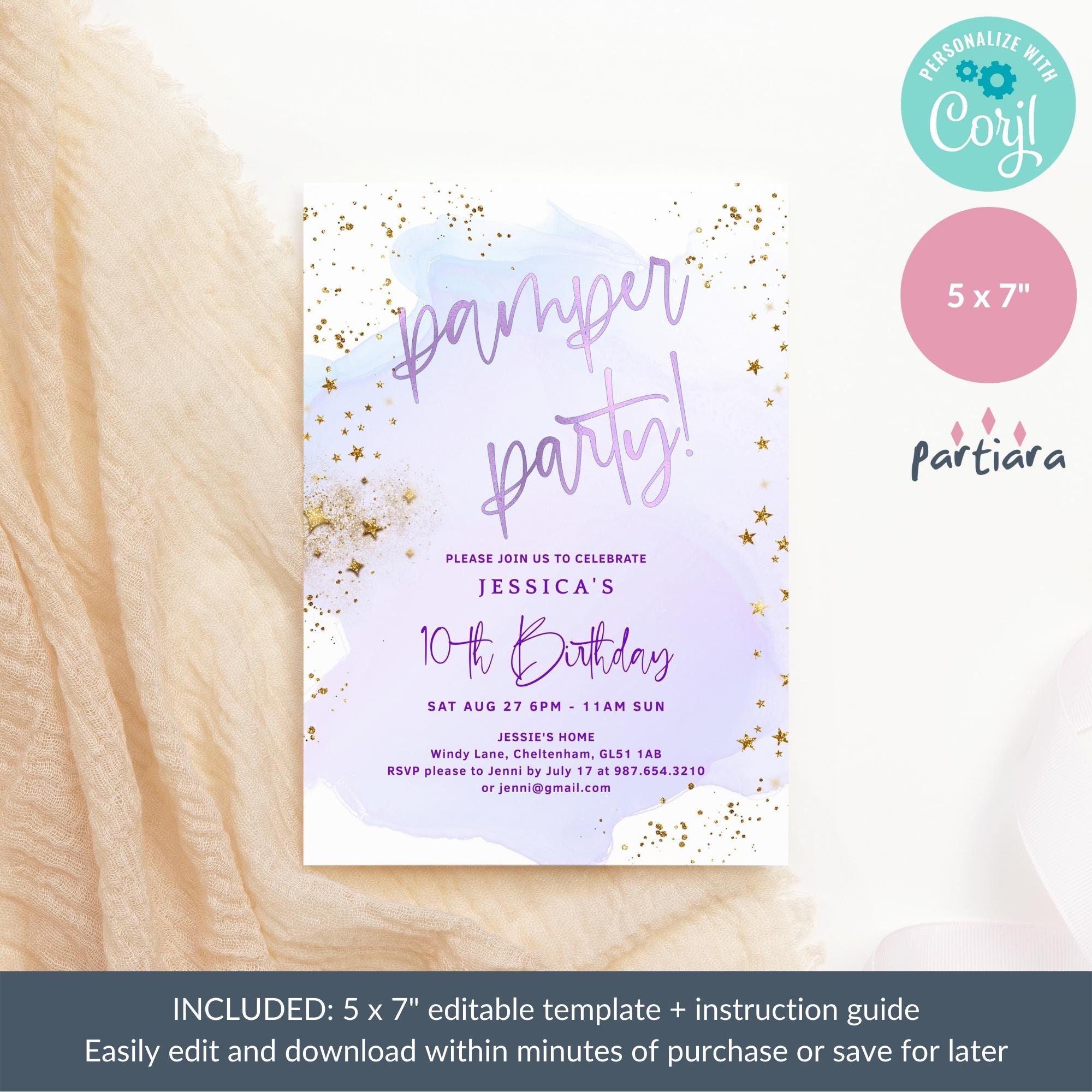 Girls Pamper Party Invitation Printable Lilac Purple Gold Birthday Spa ...