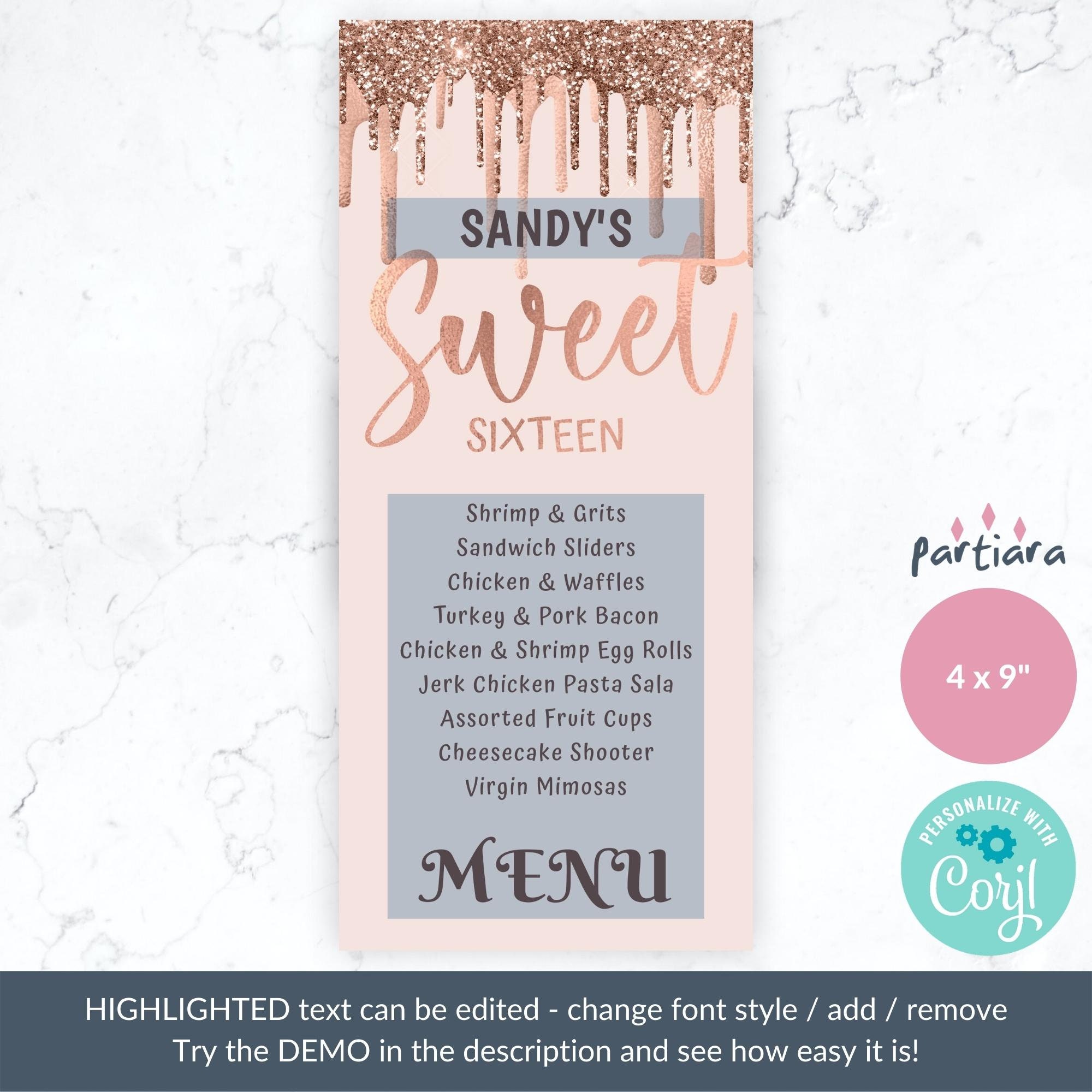Sweet 16 Menu Blush Pink Rose Gold 16th Birthday Brunch or Pamper Party ...