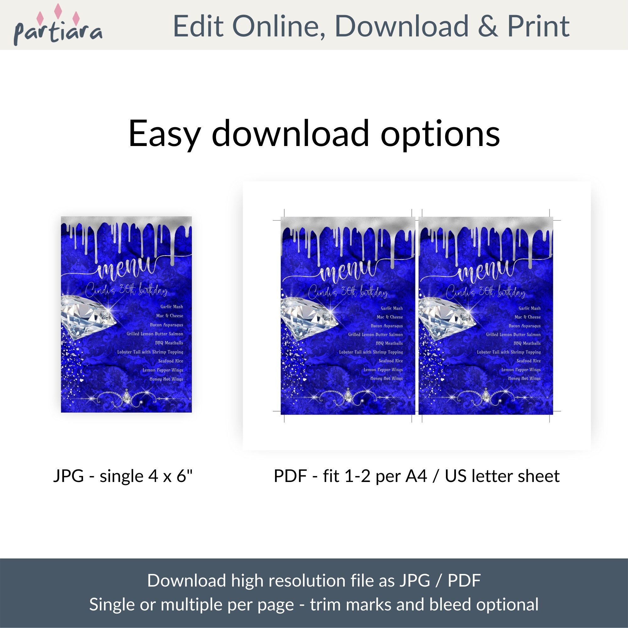 Royal Blue Menu Card Silver Diamonds Glitter Table Menus Printable Teen ...