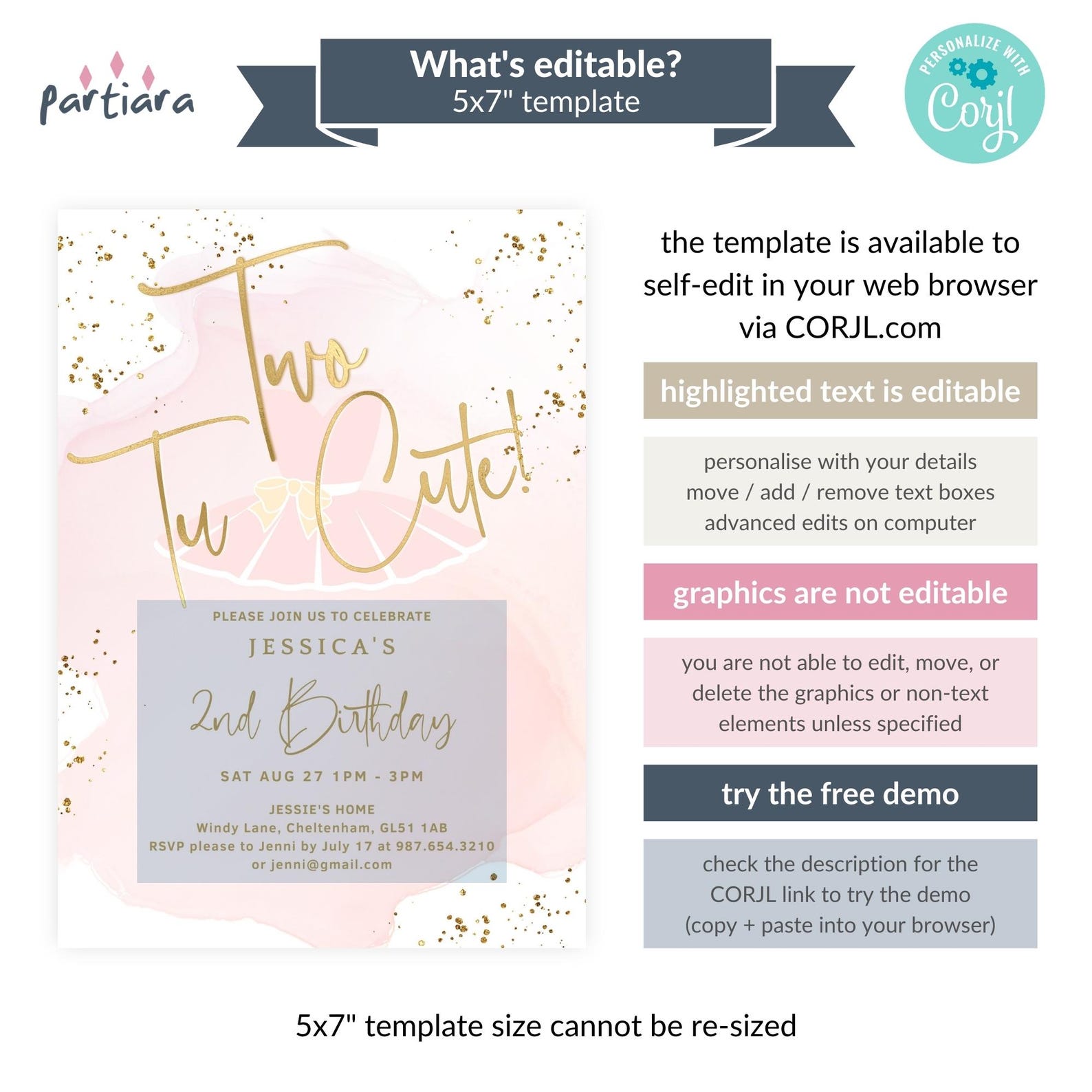 Two Tu Cute Birthday Invitation 2nd Birthday Ballerina Party Invite ...