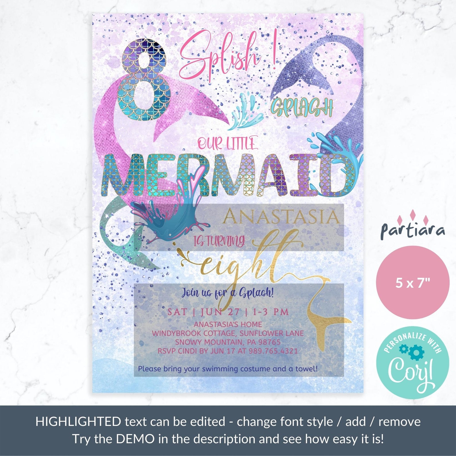 Girl Mermaid 8th Birthday Pool Party Invitation Printable Pink - Etsy