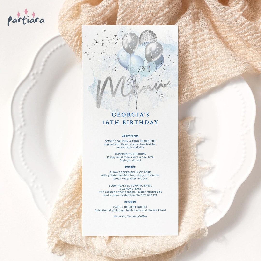 Pastel Blue Menu Template, Birthday Party Menus Printable, Silver Blue ...
