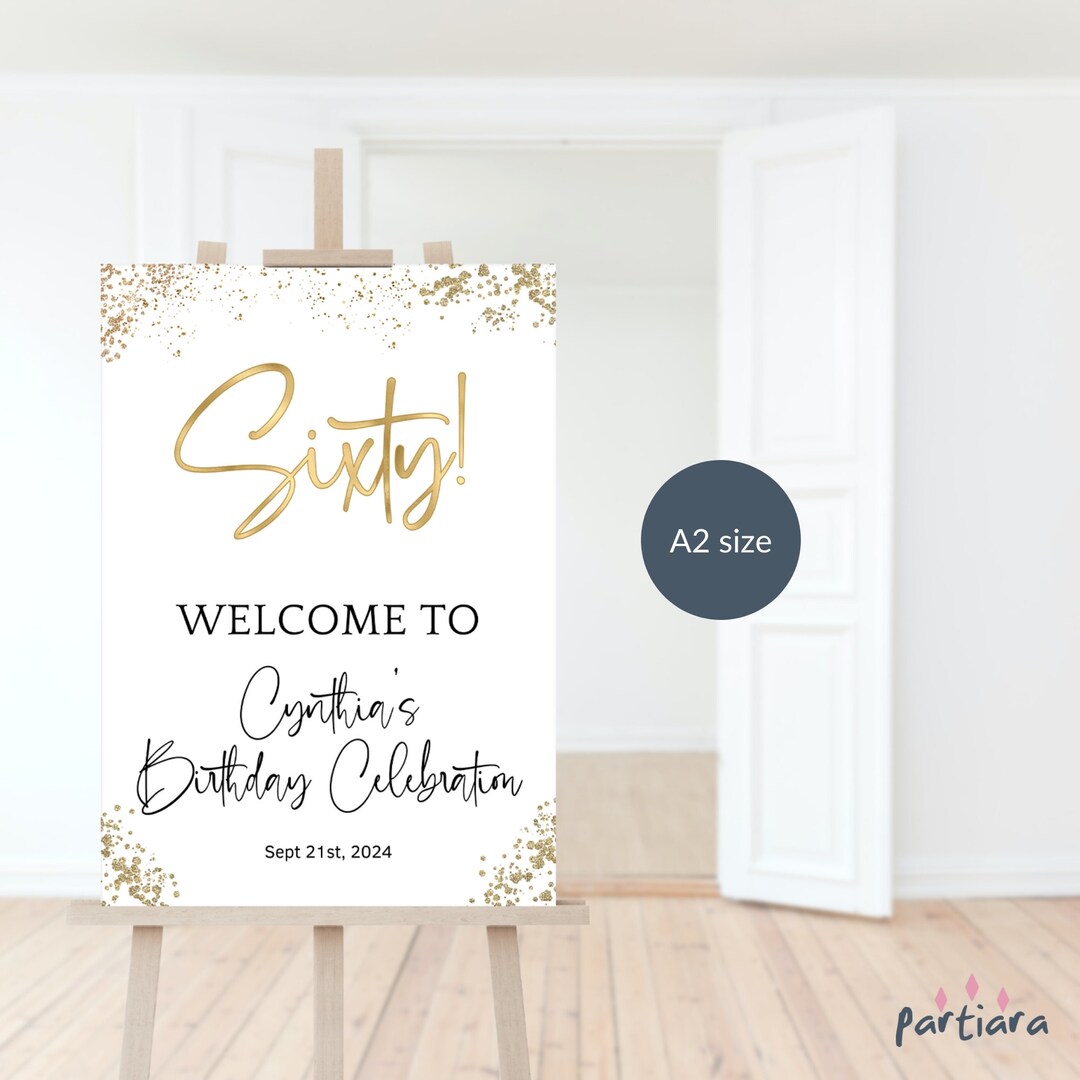 60th Birthday Welcome Sign Printable, All White Gold Ladies Dinner ...