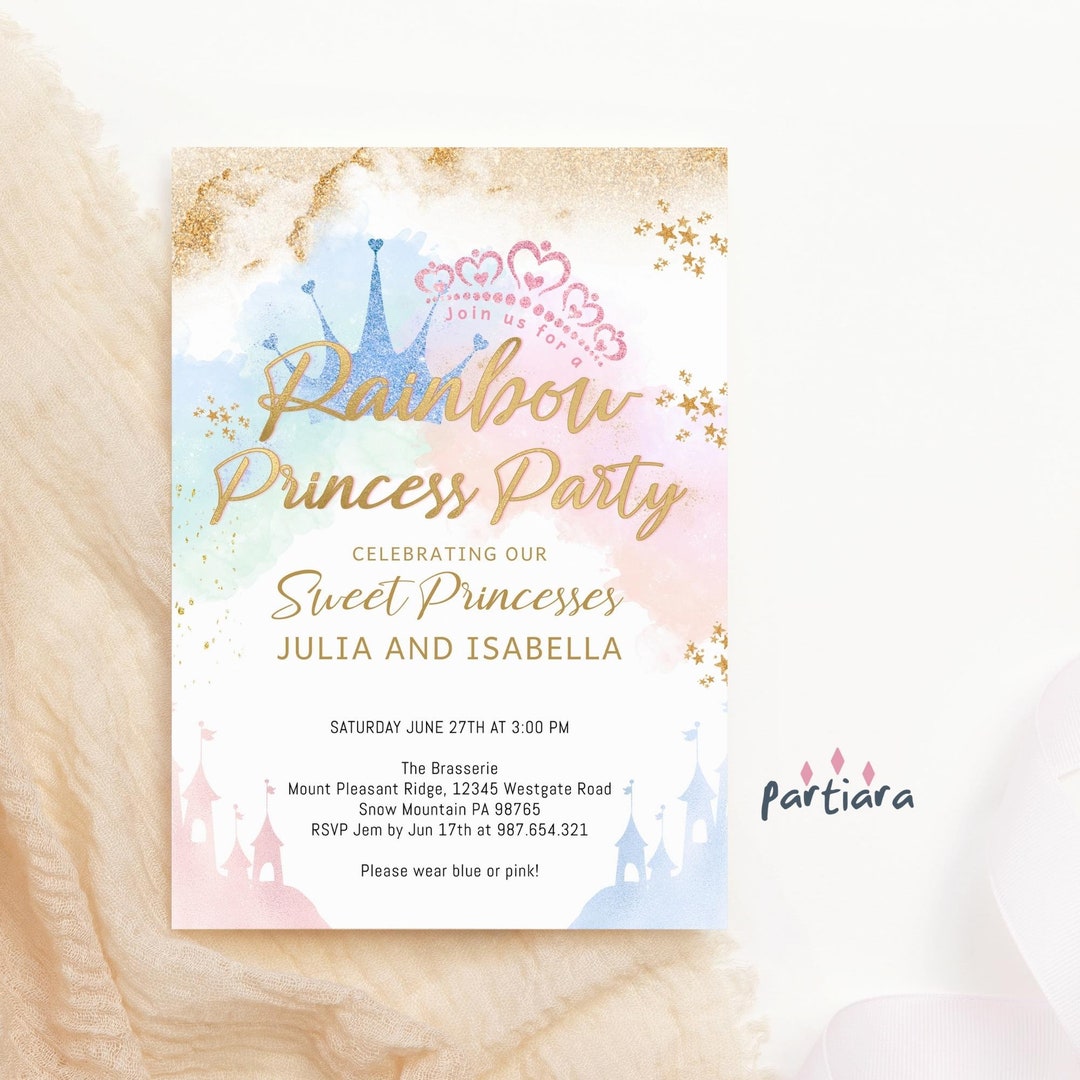Princess Birthday Invite Rainbow Princesses Party Invitations Twin ...