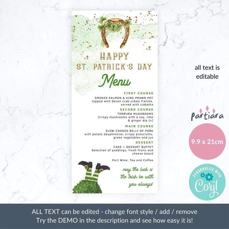 St Patricks Day Menu Card Printable, Irish Theme Birthday Table Menus ...