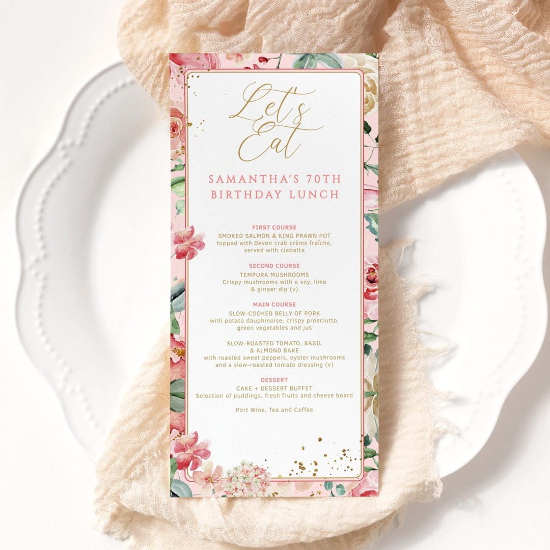 Ladies Menu Editable Template: Floral Birthday Table Menus Printable ...