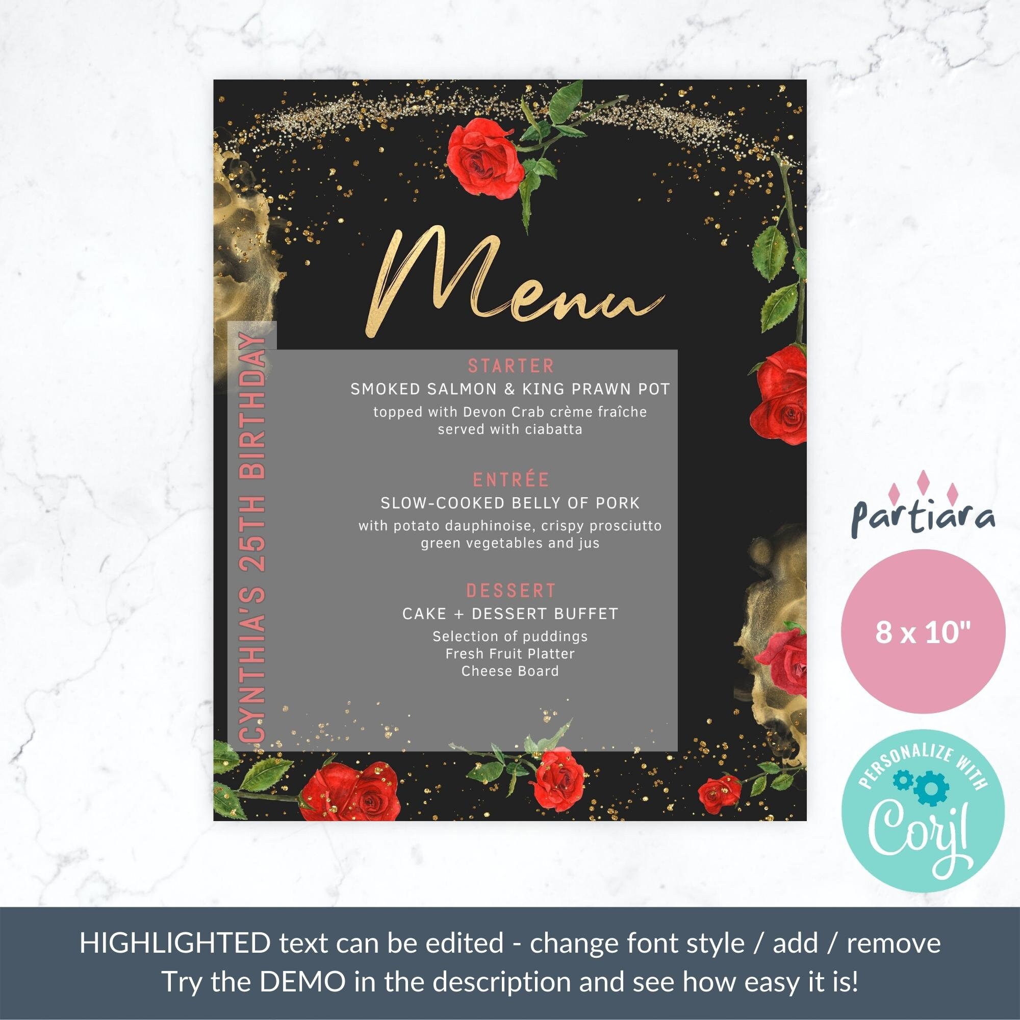 Anniversary Menu Card Red Roses Birthday Menus Black and Gold - Etsy