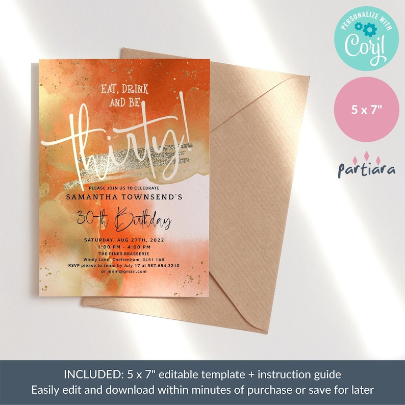 30th Birthday Dinner Drinks Party Invite Printable Orange Gold - Etsy