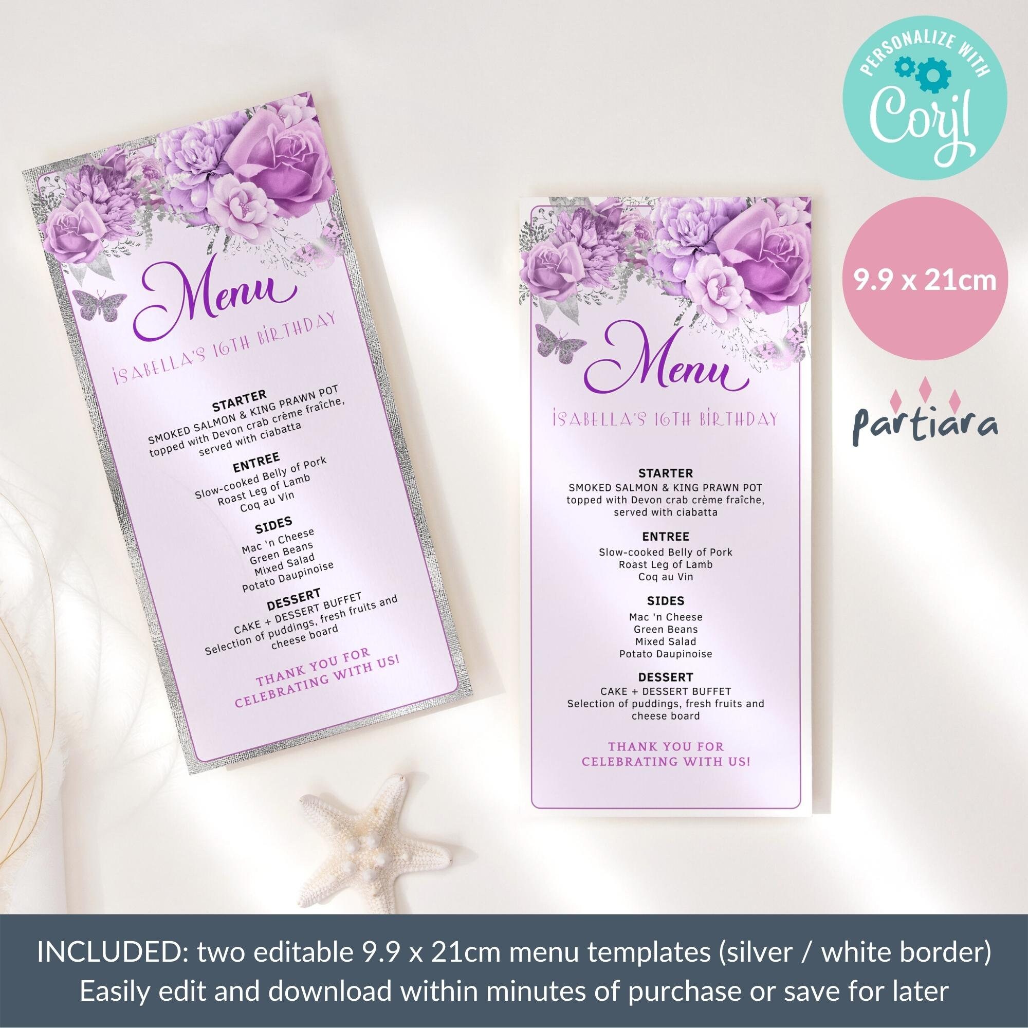 Purple Floral Menu Template, Birthday Butterfly Sweet 16 Menus ...
