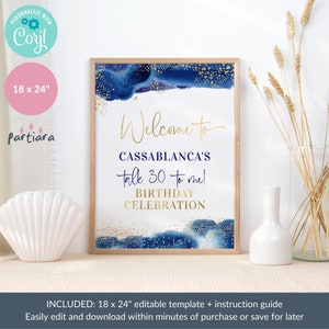 Adult Birthday Welcome Sign Editable Royal Blue and Gold Surprise Party ...