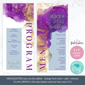 Purple Gold Birthday Menu Program Printable Ladies Dinner Party Menus ...