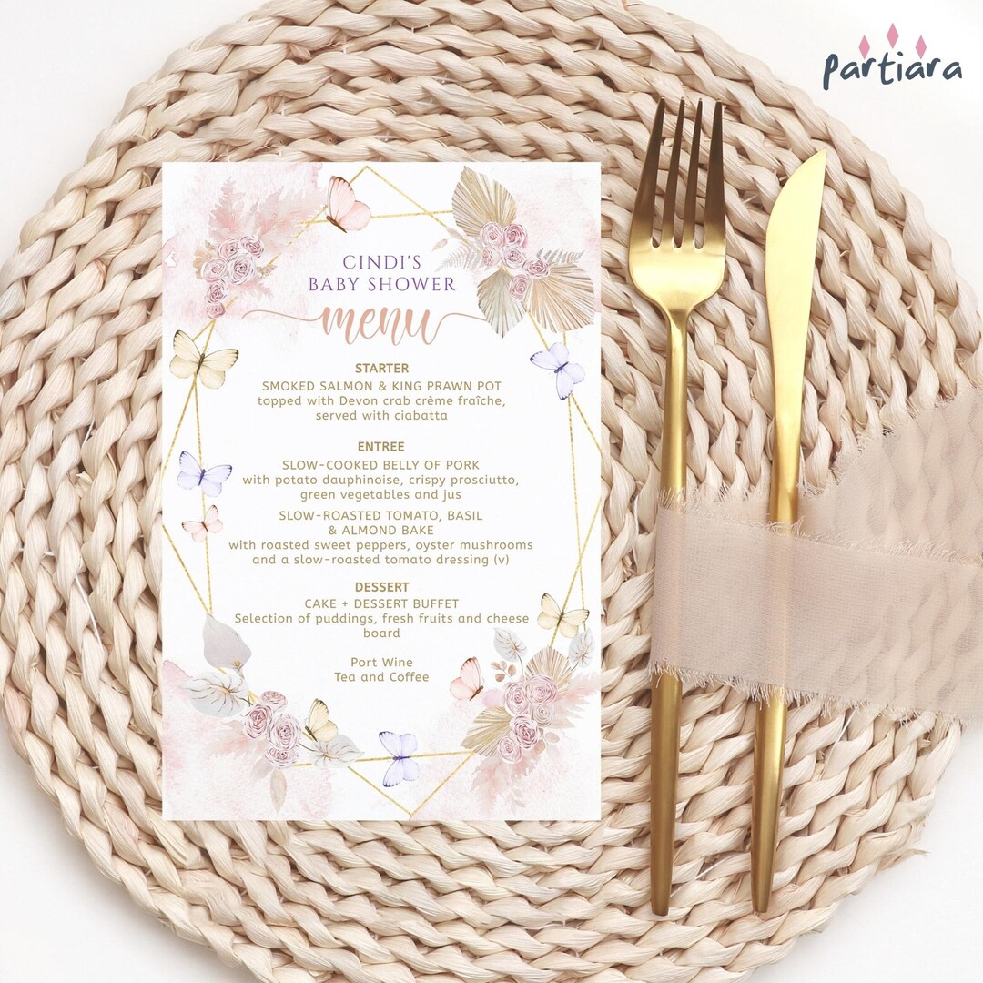 Pink Pampas Menu Card Boho Birthday Template, Girl Baby Shower Menus ...
