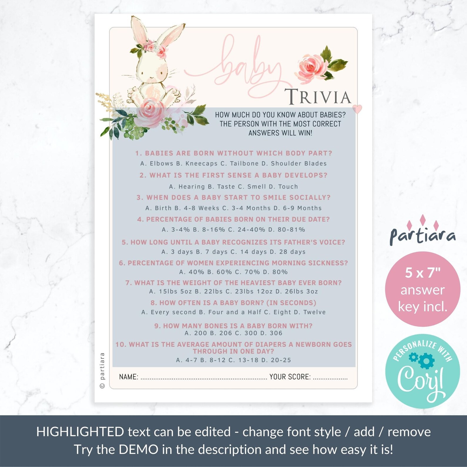 Bunny Baby Shower Trivia Game Printable Girl Party Activity - Etsy