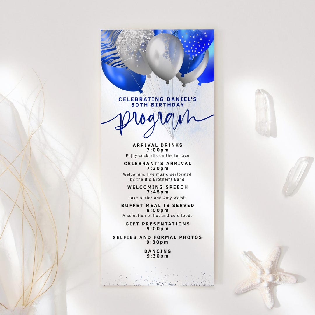 Royal Blue Program Cards Editable Silver Balloons Party Printable ...