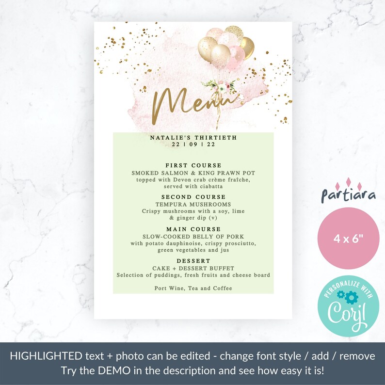 Girls Party Menu Card Template, Birthday Brunch Menus Printable, Ladies ...