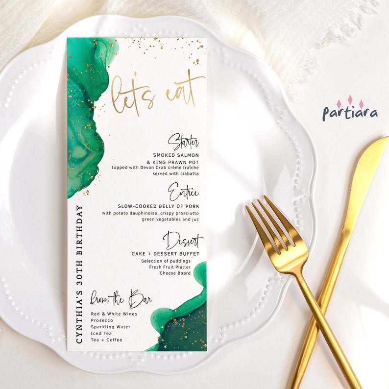 Birthday Menu Card Emerald Green and Gold Party Table Menus - Etsy