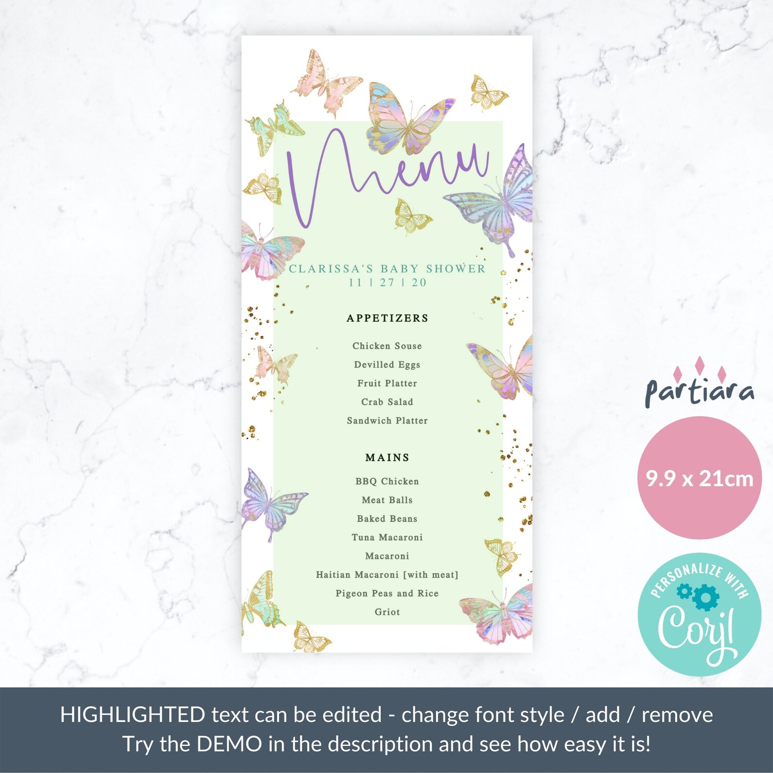 EDITABLE Butterflies Menu Card Template Printable Baby Shower - Etsy