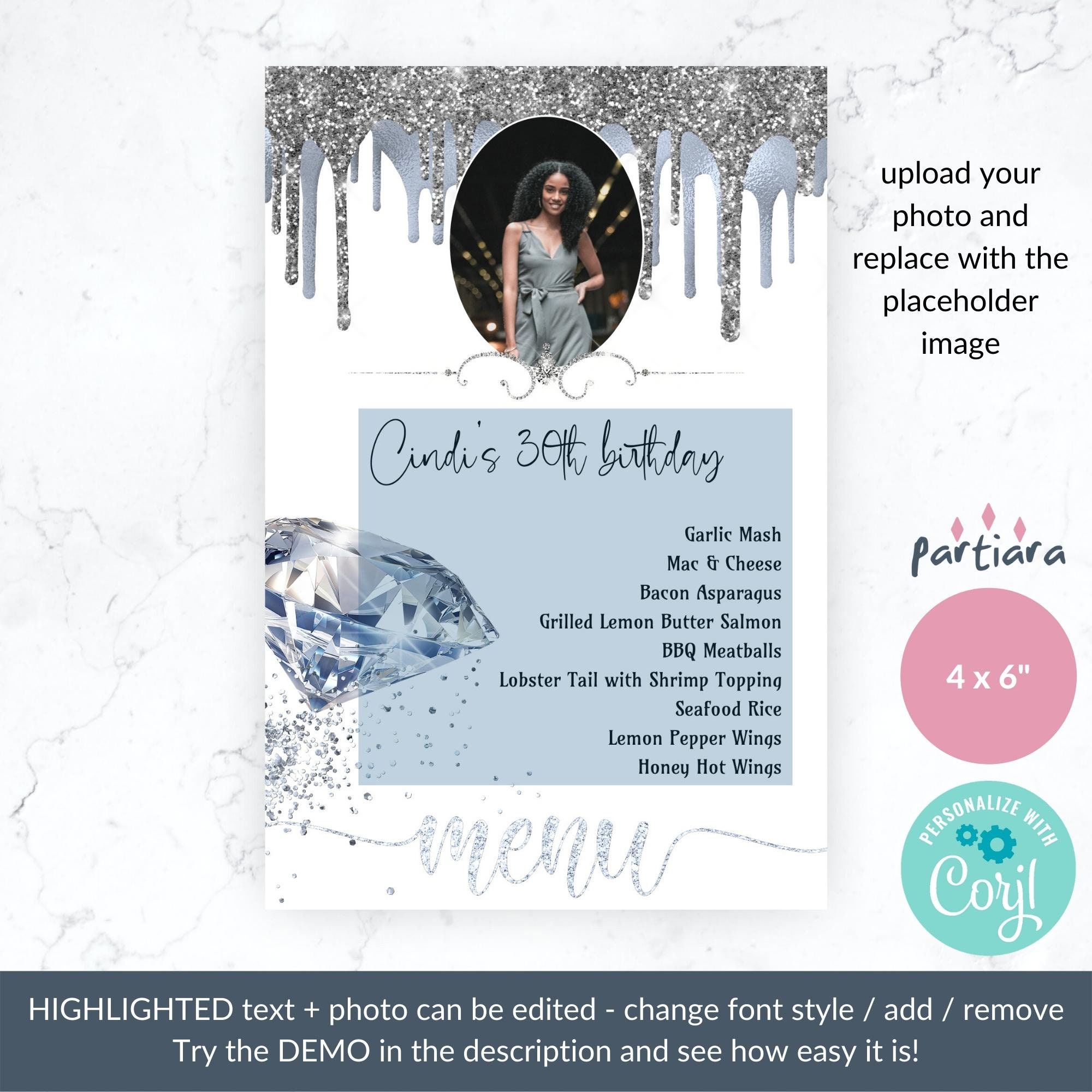 Birthday Photo Menus Printable Ladies All White Silver Diamond - Etsy