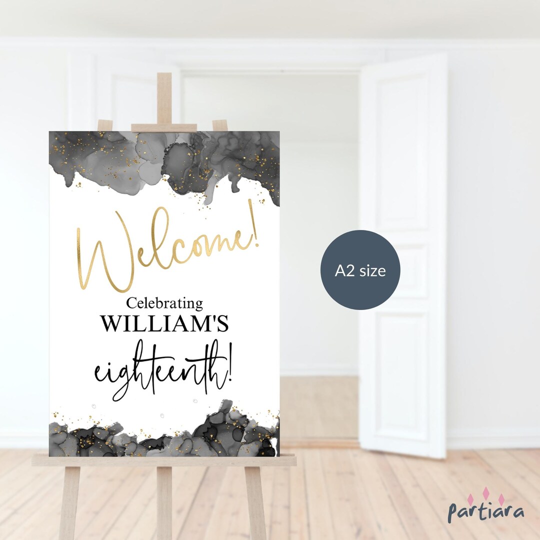 Boys 18th Birthday Welcome Sign Black and Gold Mens Dinner Disco Dance ...