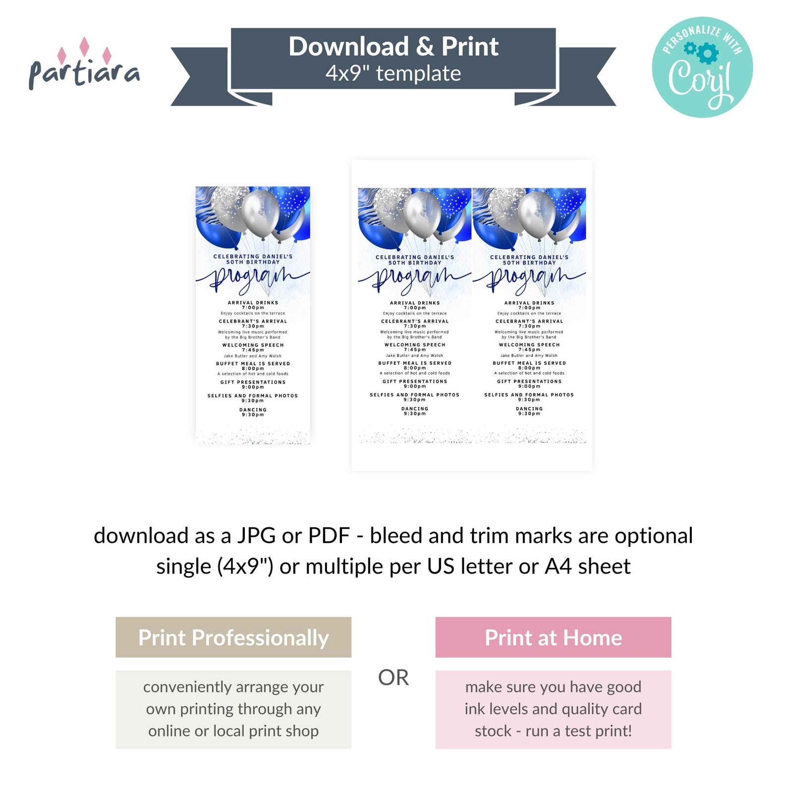Royal Blue Program Cards Editable Silver Balloons Party Printable ...