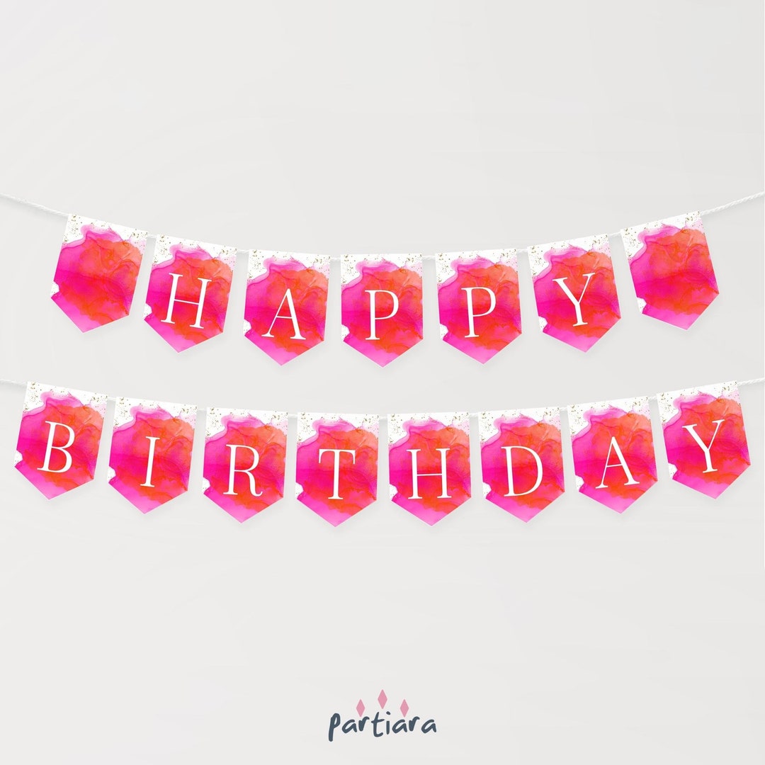 Birthday Banner Bunting Printable Hot Fuchsia Pink Orange Ladies Happy ...