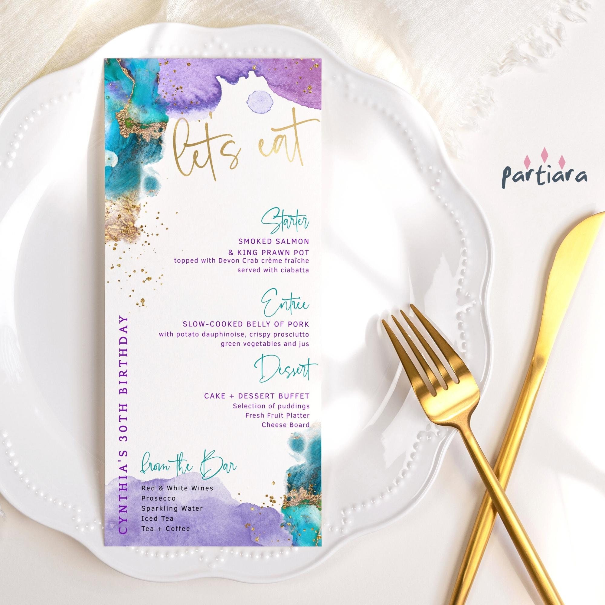 Purple Teal Gold Menu Card Editable Birthday Table Menus for - Etsy
