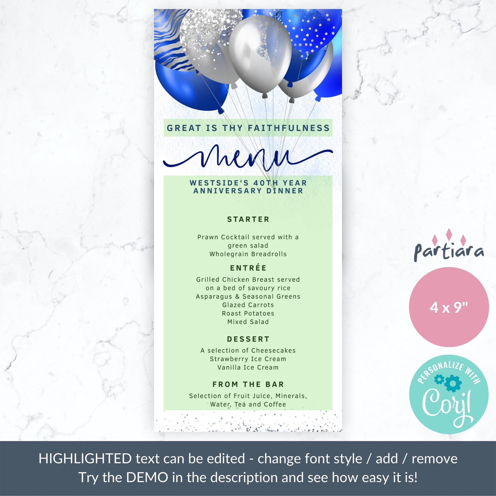 Royal Blue Menu Cards Editable Silver Balloons Party Menus - Etsy