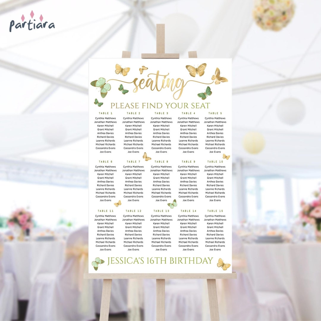 Editable Butterfly Seating Sign, Birthday Seating Chart Template ...