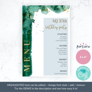 Emerald Green Menu Card Editable Template Ladies Teens Girls Birthday ...
