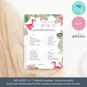 Editable Whats in Your Purse Dinosaur Baby Shower Game Card Girl ...