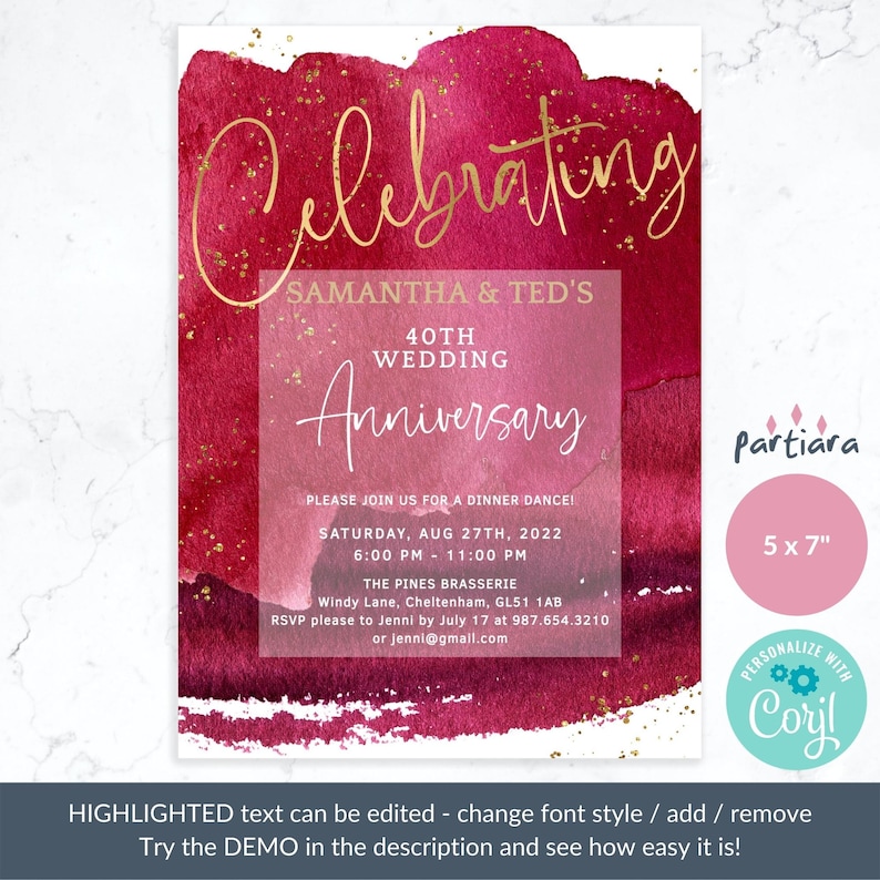 Ruby Wedding Anniversary Invitation Printable 40th Anniversary - Etsy ...