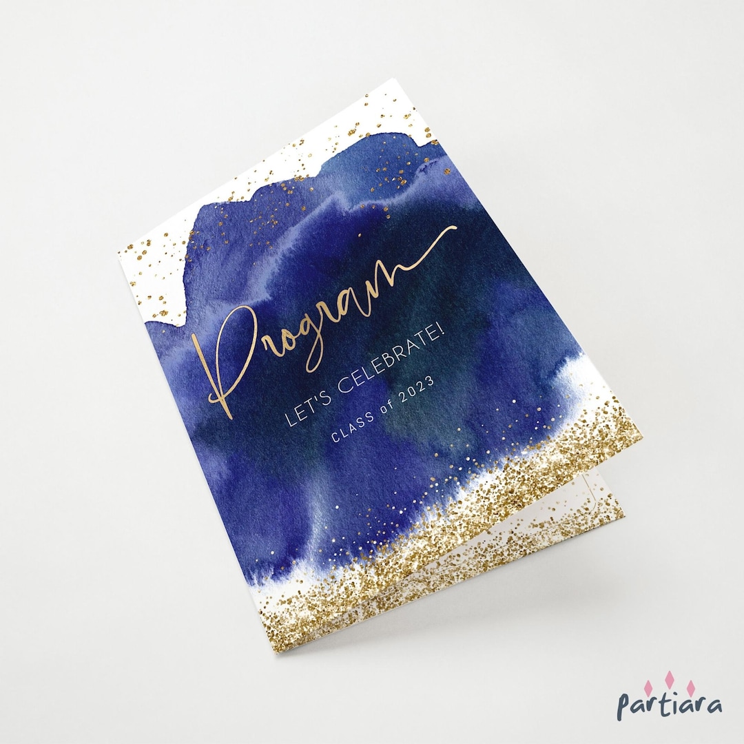 Royal Blue Program Card Printable Navy Gold Graduation Dinner Party ...