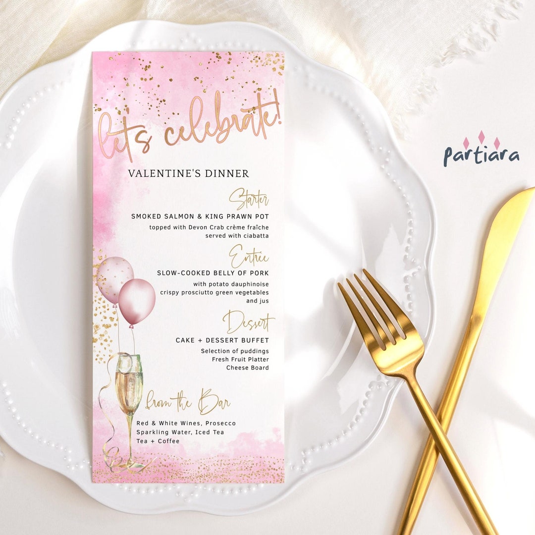 Candy Pink Gold Menu Card Printable Ladies Teens Girls Birthday Dinner ...