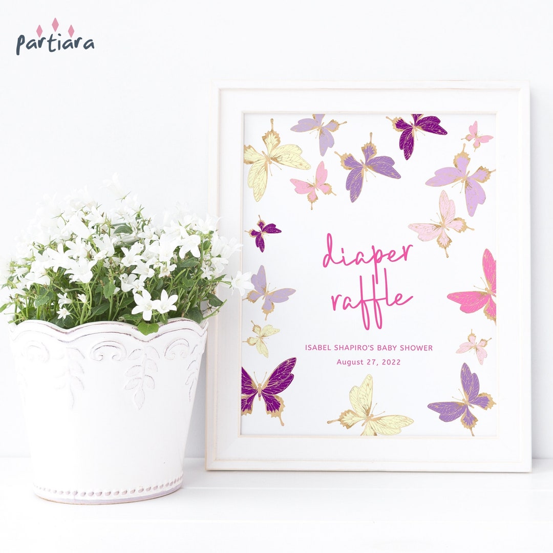 Girl Diaper Raffle Table Sign Butterfly Baby Shower Party Poster ...