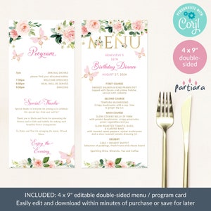 Pink Floral Menu Program Editable Template, Girl's 16th Birthday ...