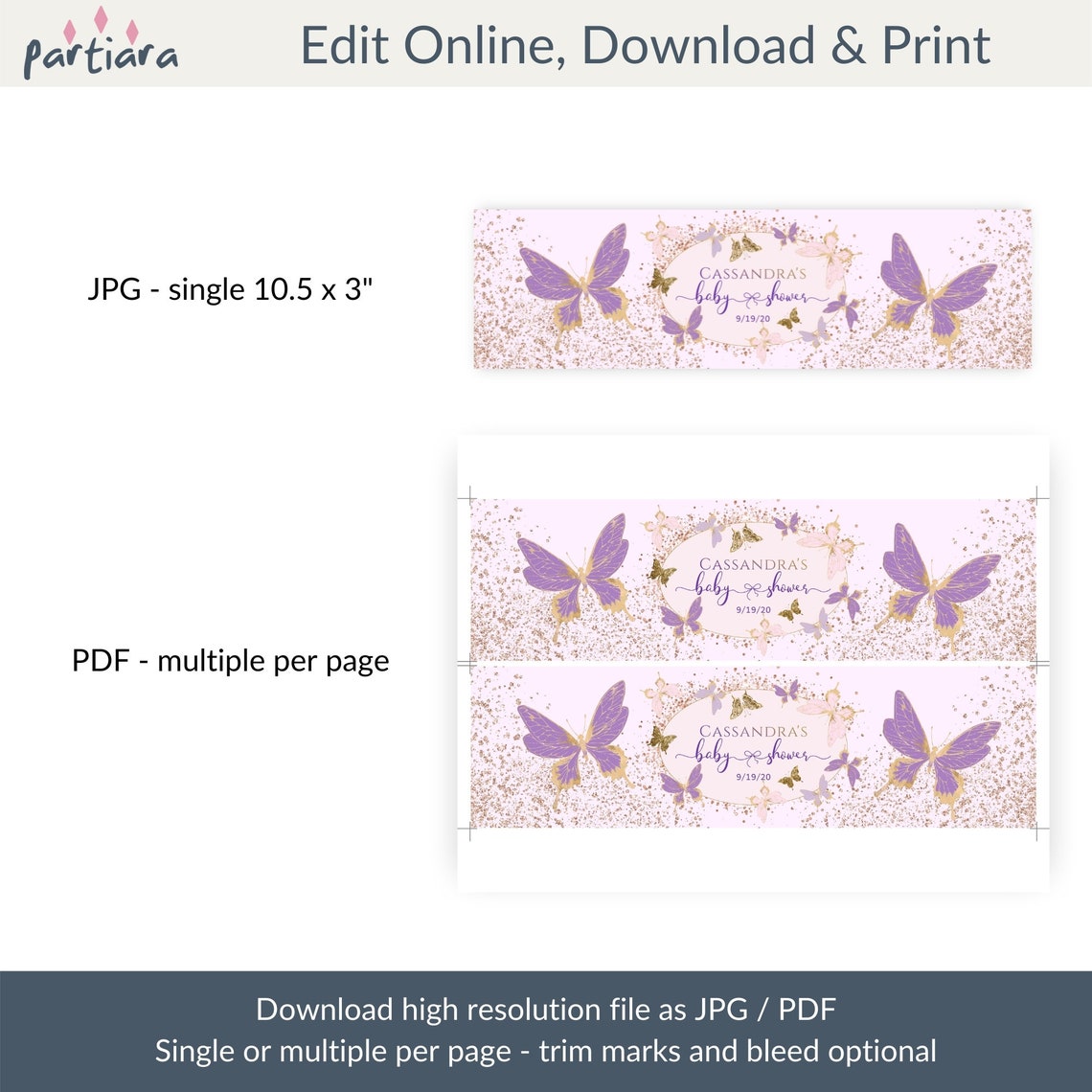 Butterfly Bottle Label Template, Large Size Table Water Labels ...
