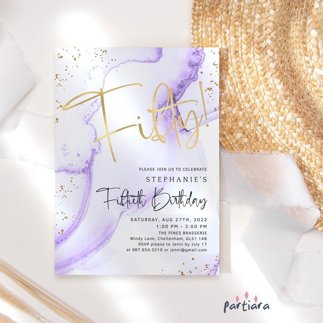 Lavender Gold 50th Birthday Invitation Printable Ladies Purple Brunch ...